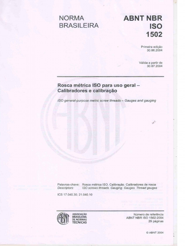ABNT NBR ISO 1502-2004 - Rosca Metrica ISO para Uso Geral - Calibradores e Calibracao | PDF