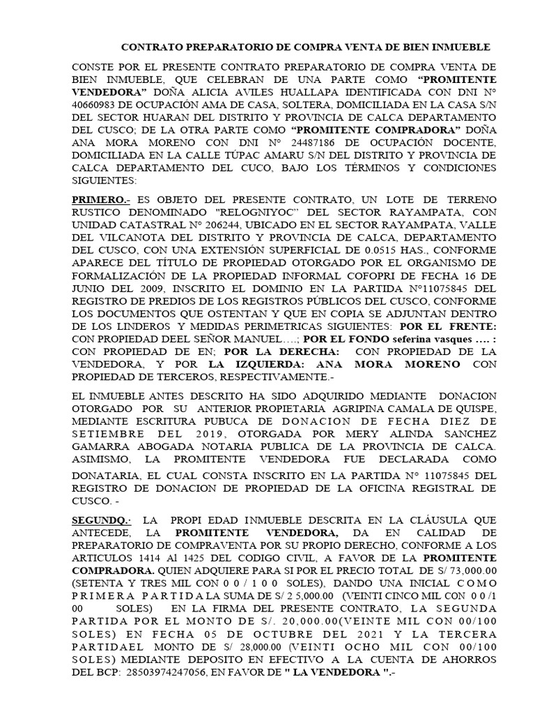 Contrato Preparatorio de Compra Venta de Bien Inmueble Ana | PDF | Propiedad | Derecho privado