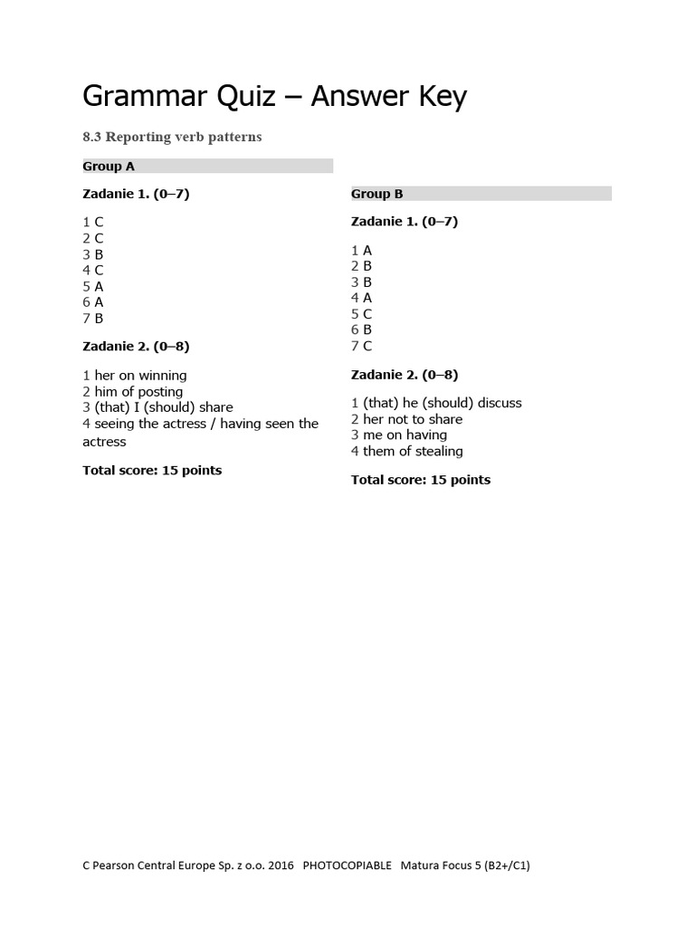 Grammar Quiz Answer Key: Verb Patterns | PDF