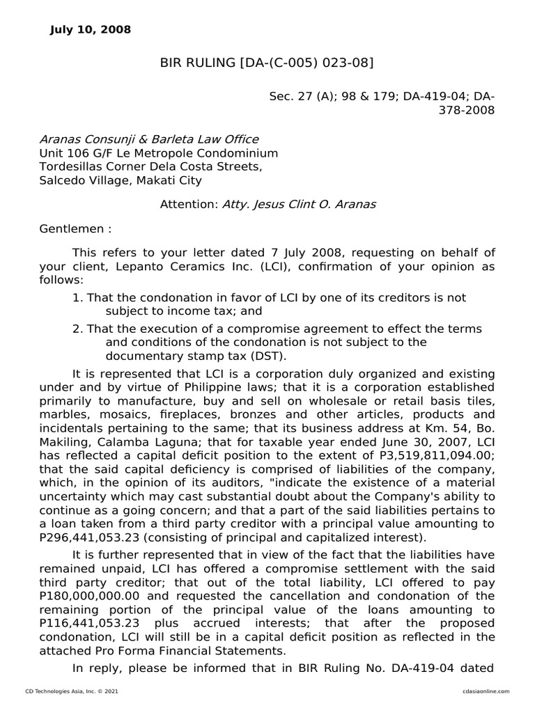 Bir Ruling (Da - (C-005) 023-08) | PDF | Corporations | Government Finances Bir Ruling (Da - (C-005) 023-08) | PDF | Corporations | Government Finances