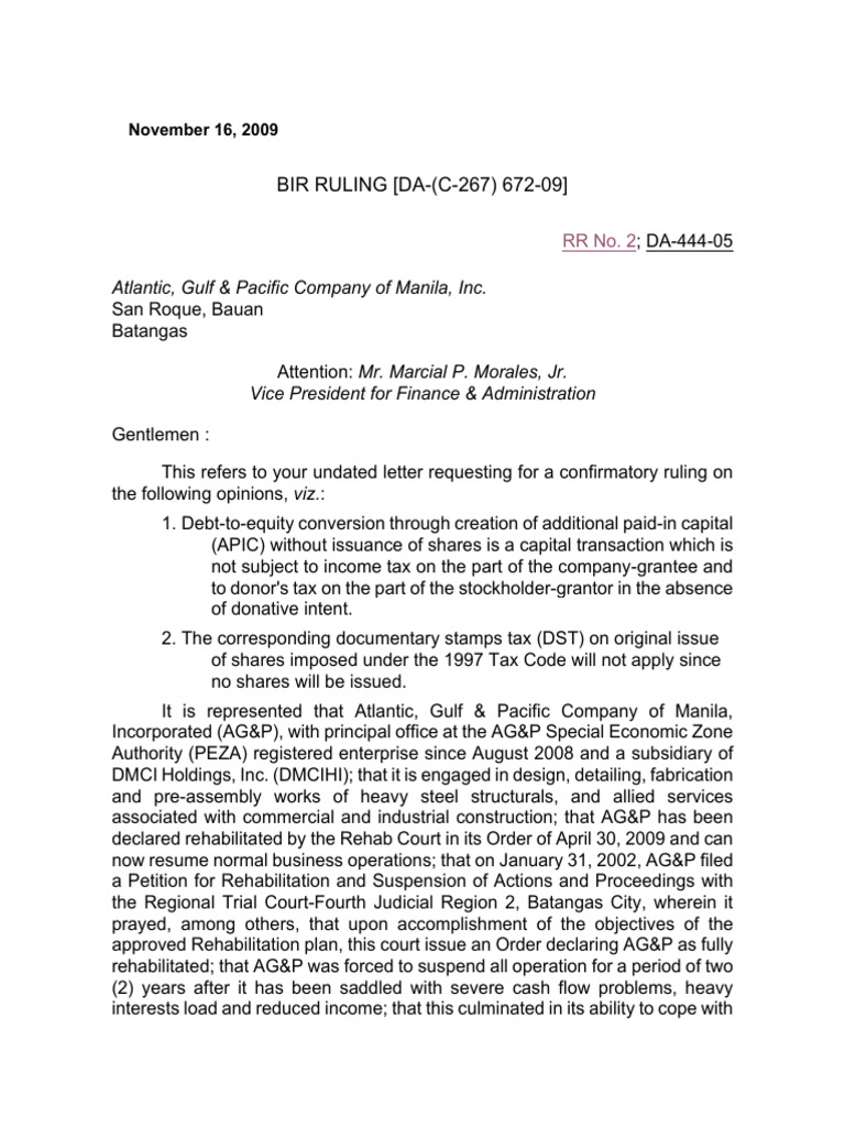 BIR Ruling on Debt-to-Equity Conversion | PDF | Taxes | Stocks