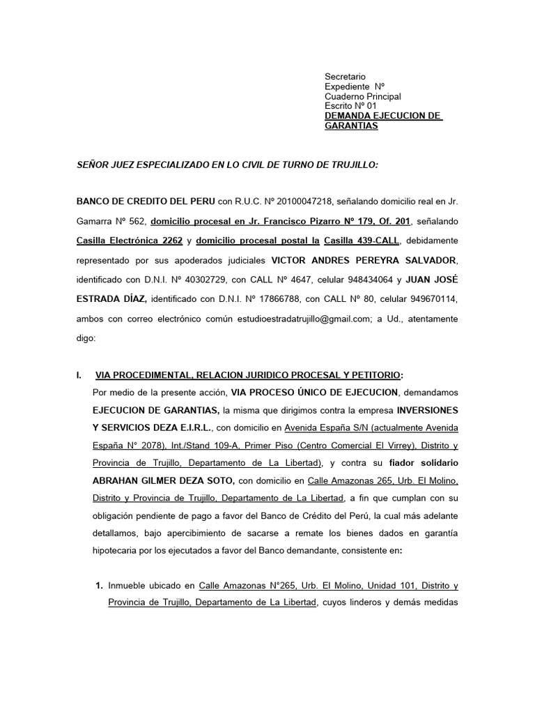 DDA EJEC GARANT INVERSIONES Y SERVICIOS DEZA EIRL - 03 Garantias | PDF | Justicia | Crimen y ...