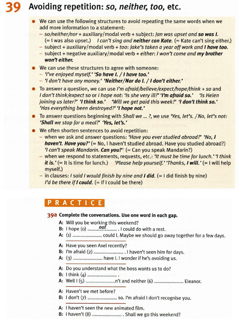 Avoiding Repetition - So, Neither, Too Etc | PDF