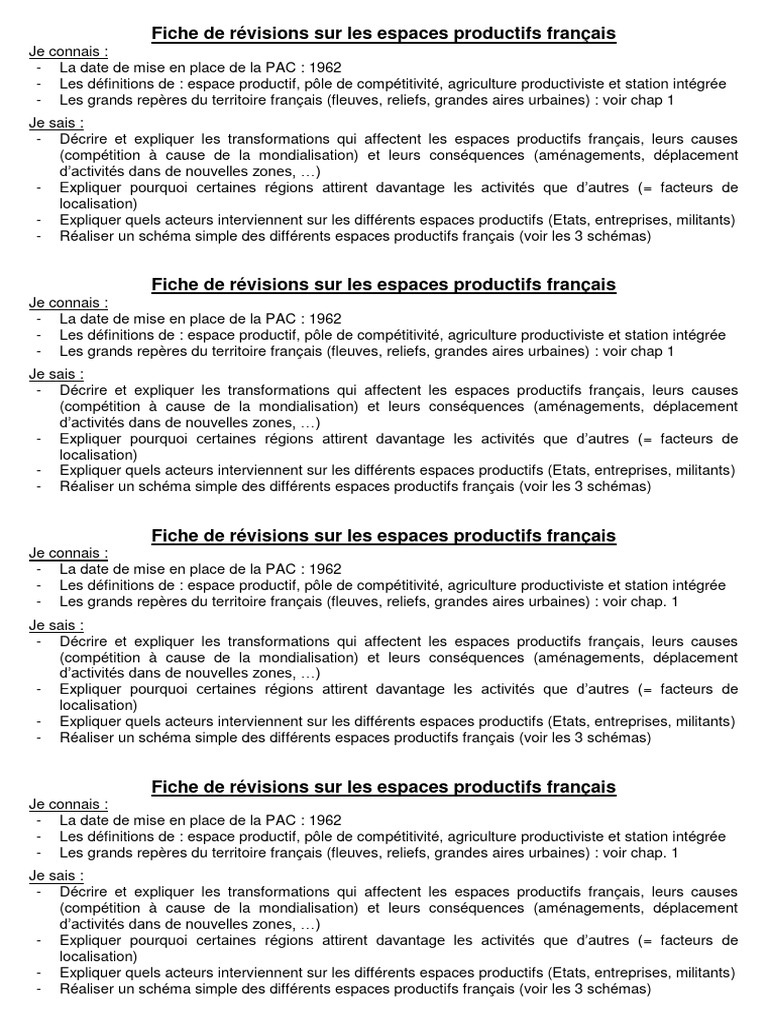 Fiche de Révisions Espaces Productifs | PDF | France | Économie
