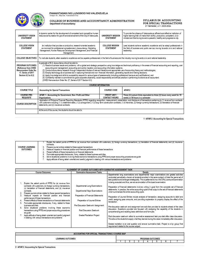 AFAR 2 Accounting For Special Transactions Syllabus A.Y 2023 2024 | PDF ...