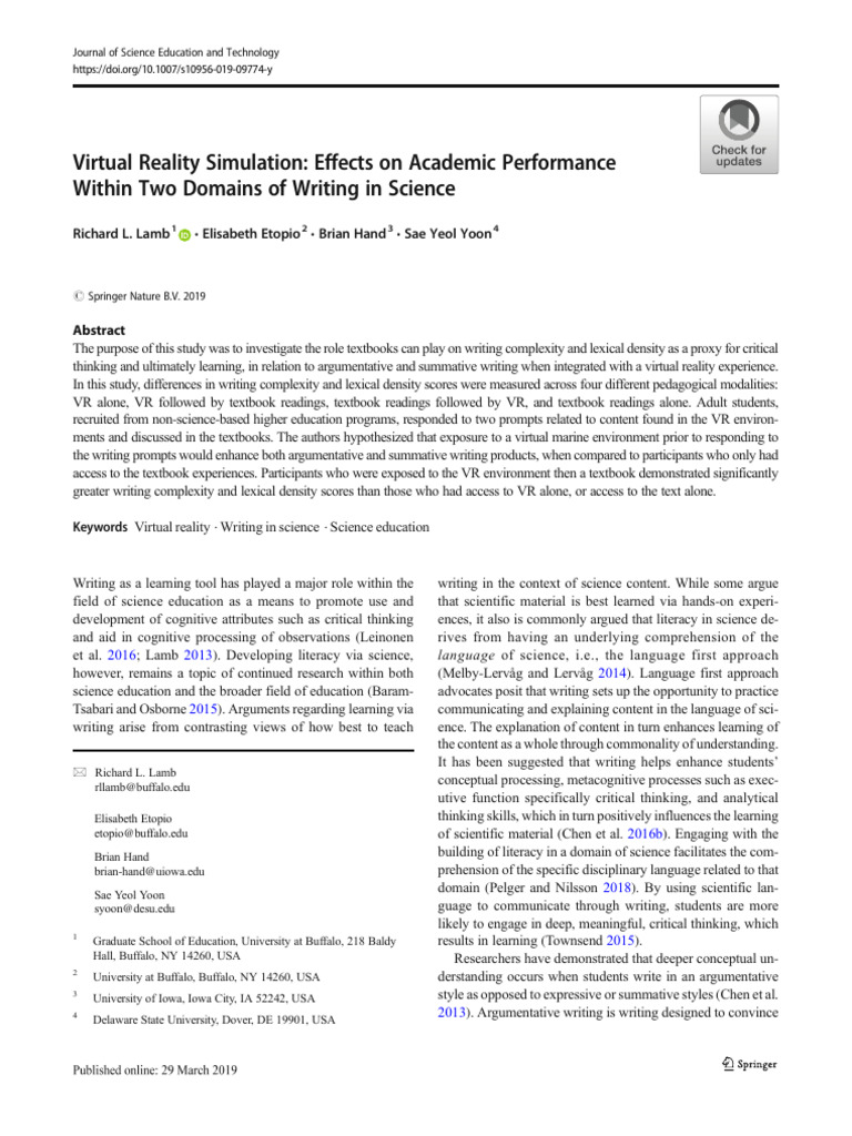 Virtual Reality Simulation: Effects On Academic Performance Within Two Domains of Writing in ...