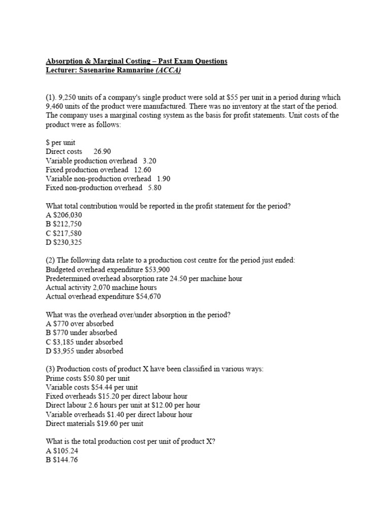 Absorption % Marginal Costing - Practice Questions | PDF | Inventory | Cost Accounting
