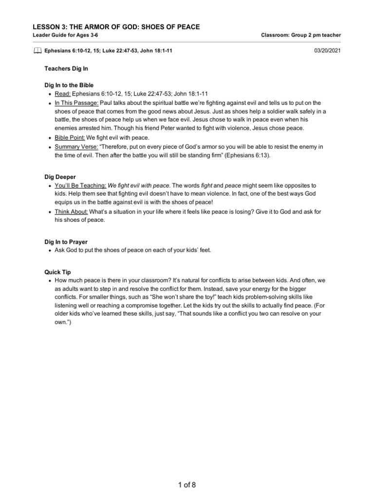 Lesson 3 The Armor of God Shoes of Peace Ages 3 6 | Download Free PDF ...