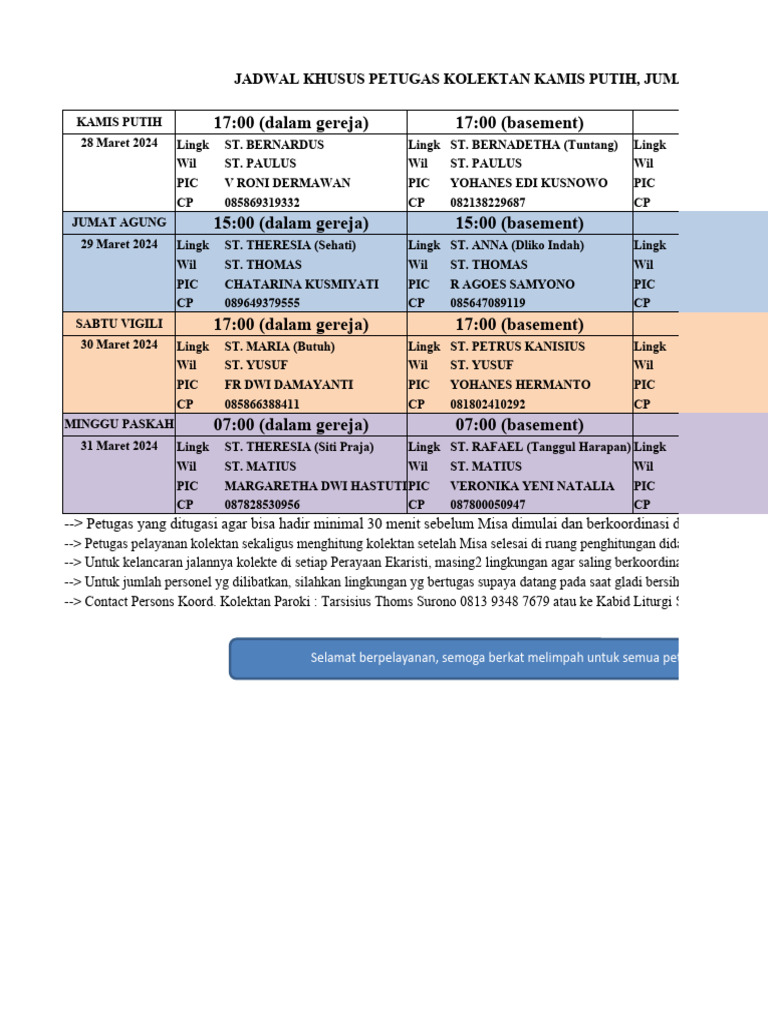 Jadwal Kolektan Khusus Tri Hari Suci 2024-1 | PDF