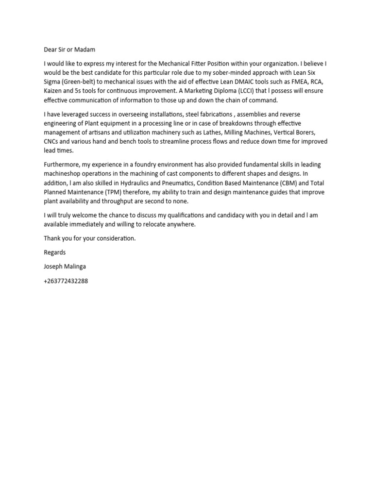 Mechanical Fitter Application Letter | PDF