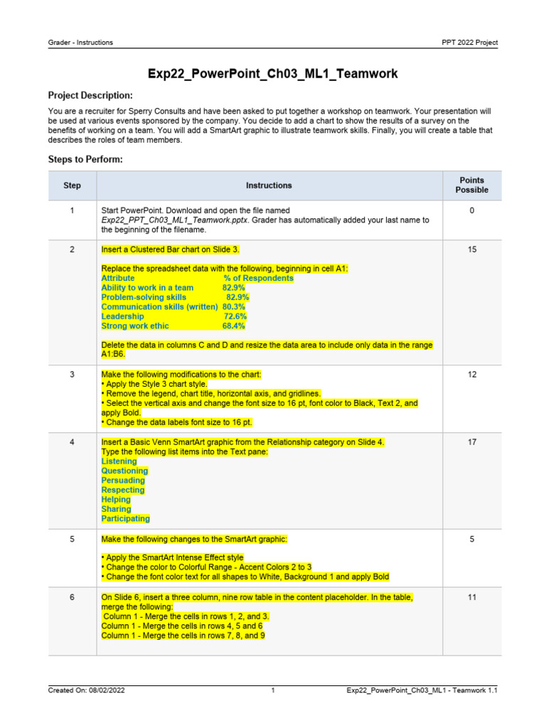 Exp22 PowerPoint Ch03 ML1 Teamwork Instructions | PDF | Microsoft Power Point | Chart