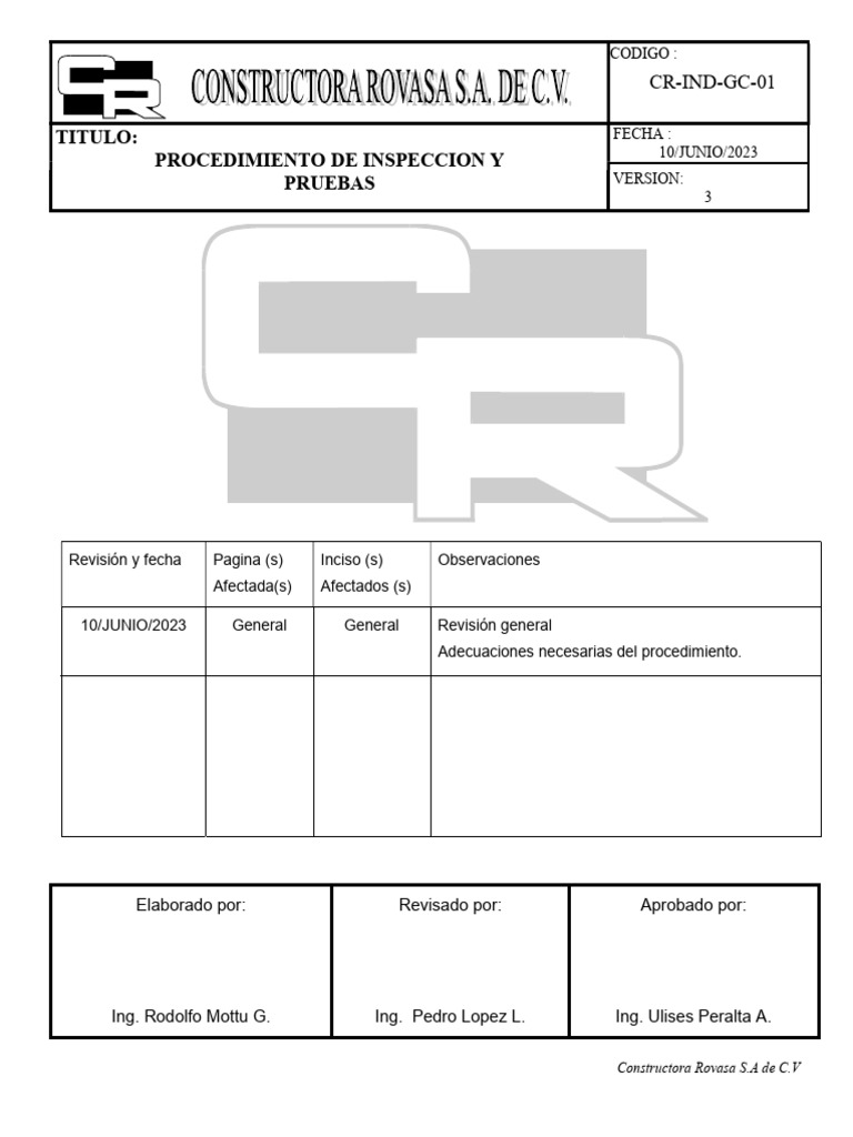 CR-IND-GC-01 Titulo: Procedimiento de Inspeccion Y Pruebas: Codigo | PDF | Calidad (comercial ...