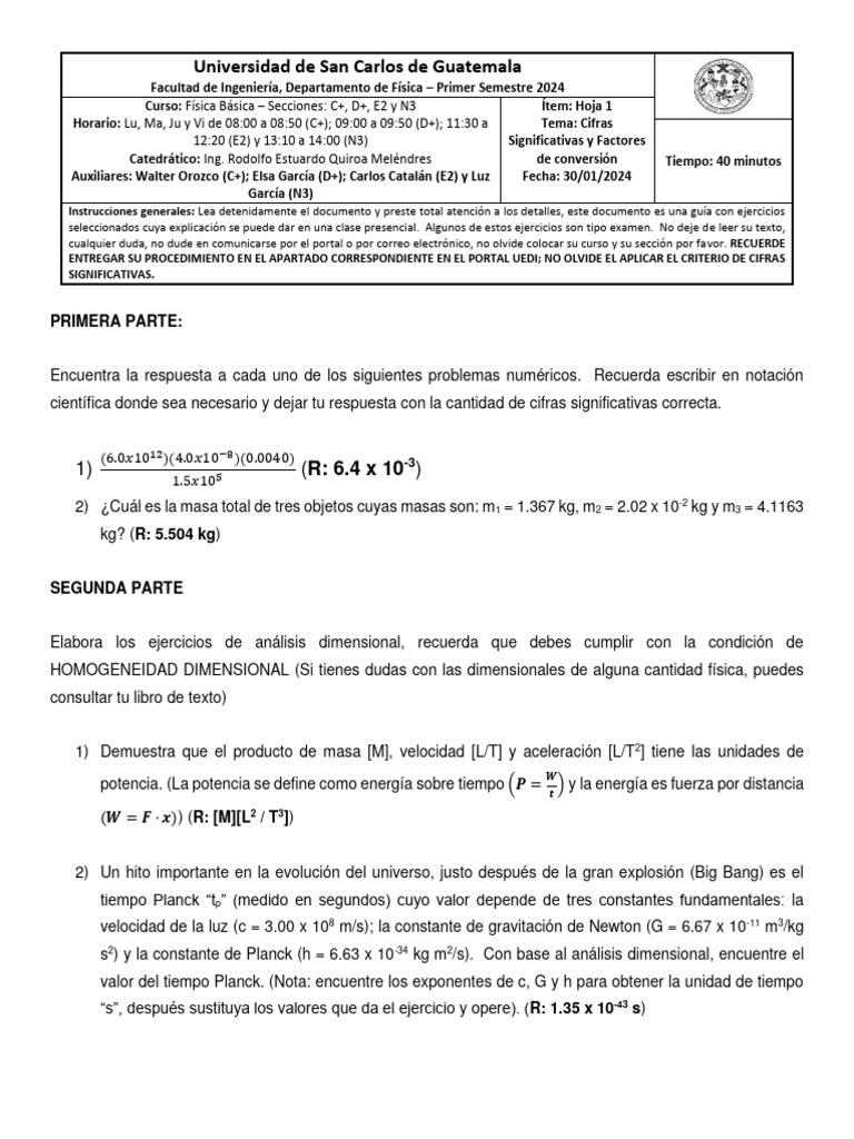 Hoja 1 Repaso Unidad 1 Cantidades Fisicas y Mediciones | PDF | Tasas temporales | Cantidad