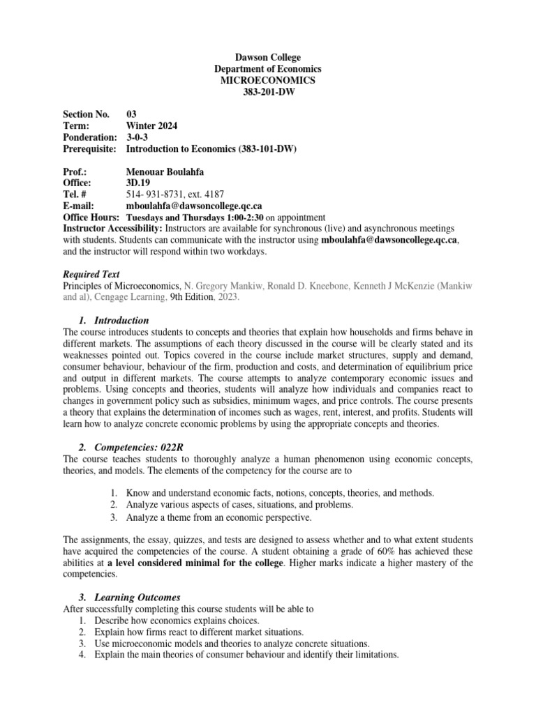 Micro Course Outline w24 | PDF | Supply And Demand | Microeconomics