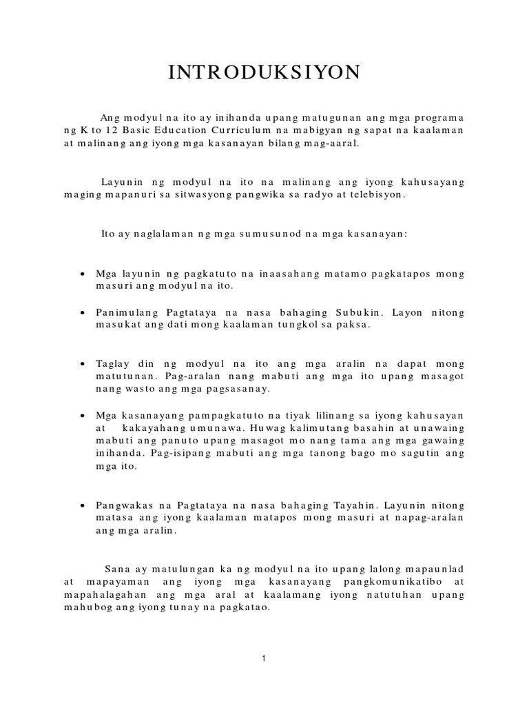 Module 1 Sitwasyong Pangwika Sa Radyo at Telebisyon (1) Conv | PDF