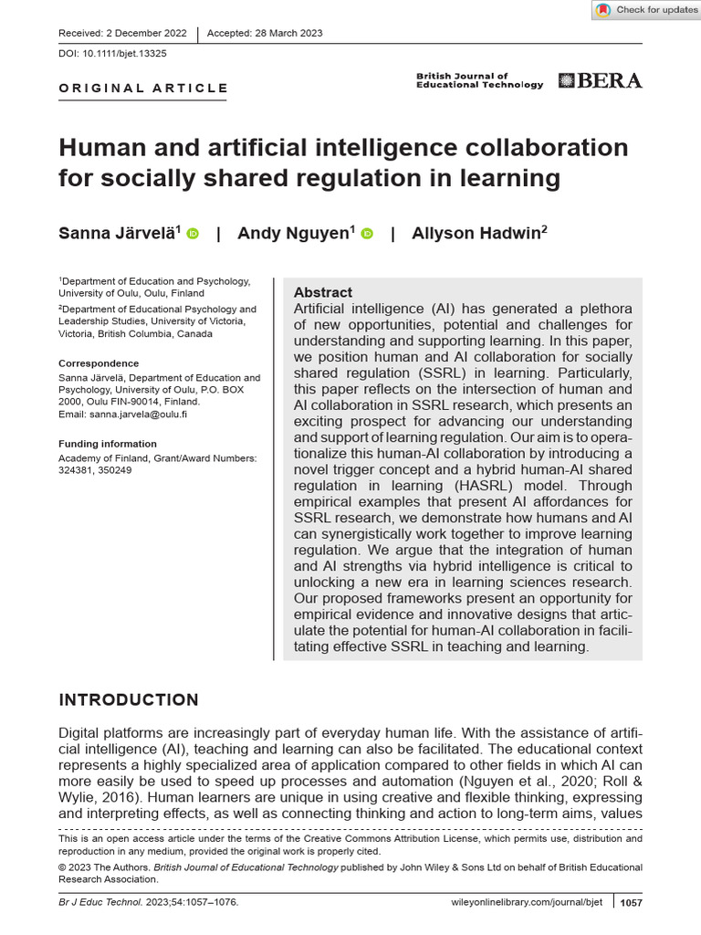 Brit J Educational Tech - 2023 - Järvelä - Human and Artificial Intelligence Collaboration For ...