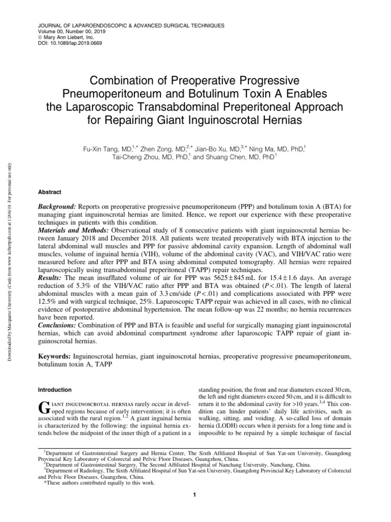 Combination of Preoperative ProgressivePneumoperitoneum and Botulinum Toxin A Enablesthe ...