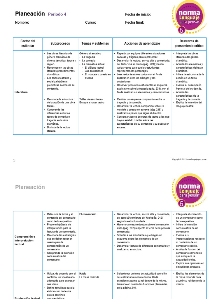 NPP Col Len 6 Planeacion4 | PDF | Teatro | Experiencia