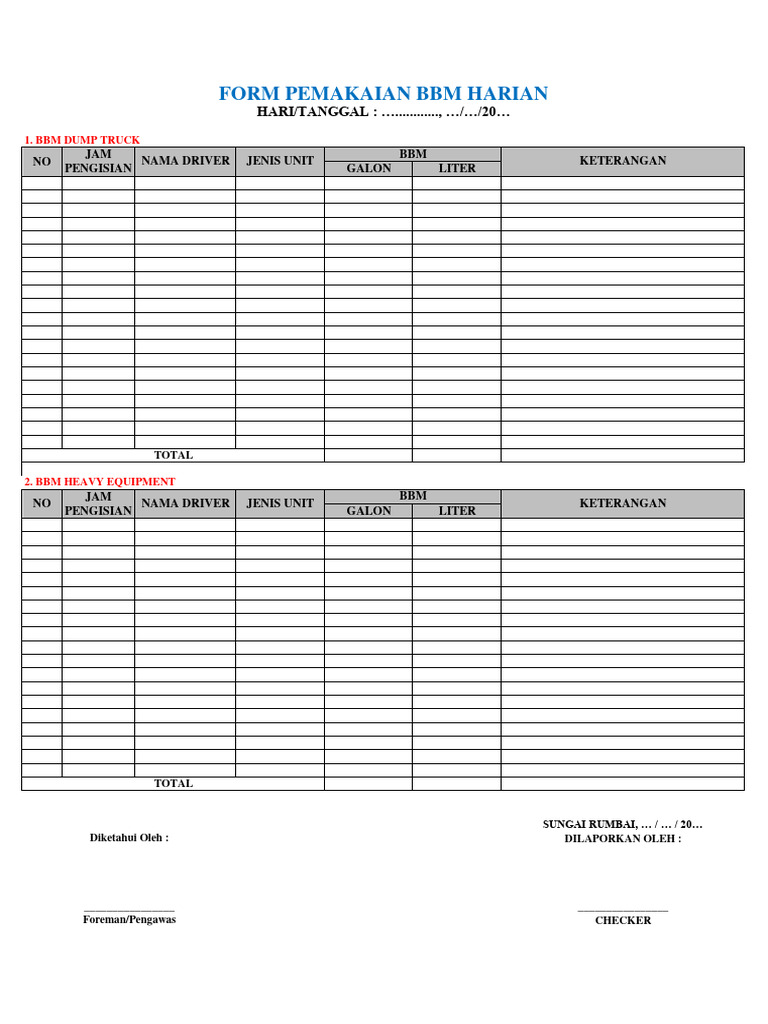 Form Pemakaian BBM | PDF