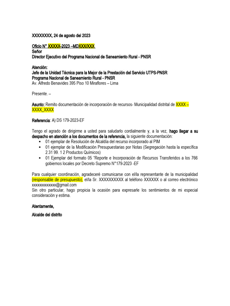 Modelo Oficio para Remitir Documentos de La Incorporacion Al PNSR | PDF