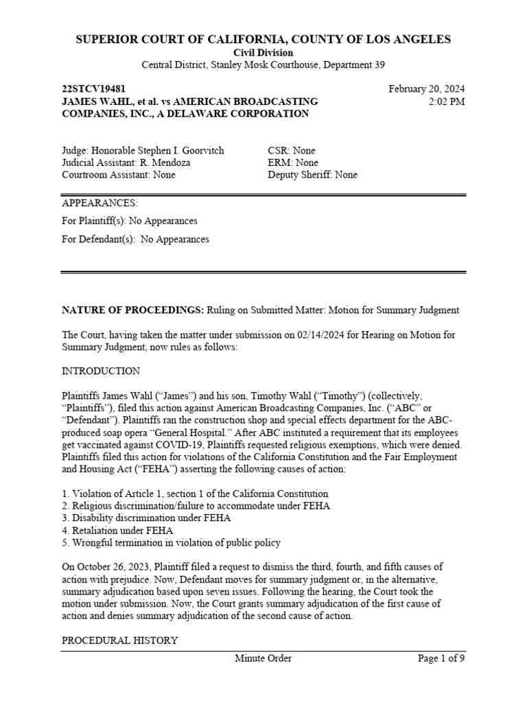 Wahl v. ABC | PDF | Burden Of Proof (Law) | Summary Judgment