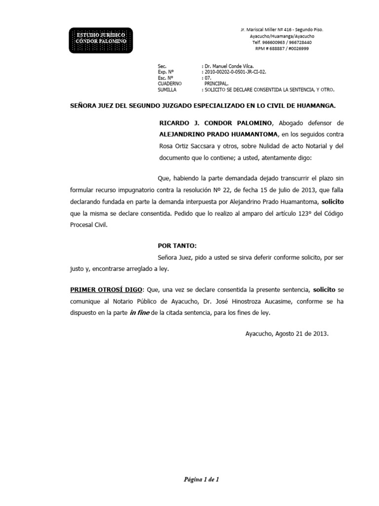 Solicito Se Declare Consentida La Sentencia | PDF