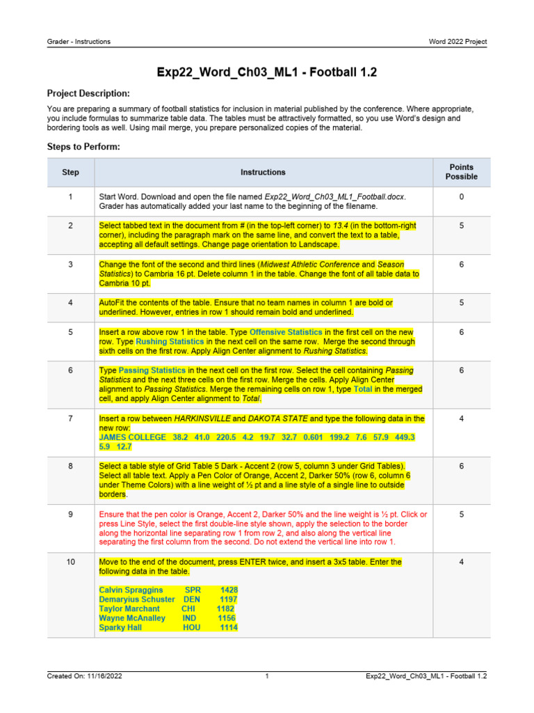 Exp22 - Word - Ch03 - ML1 - Football 1.2 - Instructions | PDF | Computer File | Text