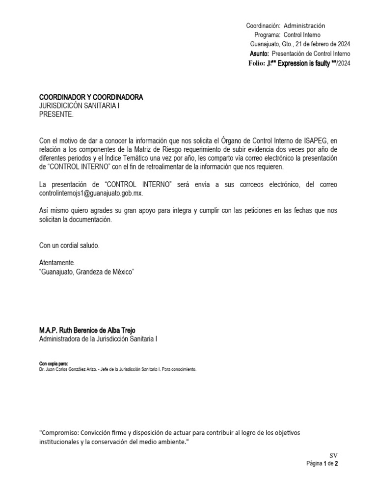 Oficio de Presentacion de Control Interno Administración 2024 | PDF