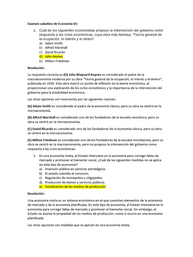 Examen Sabatino de Economía 01 | PDF | John Maynard Keynes | Economía ...
