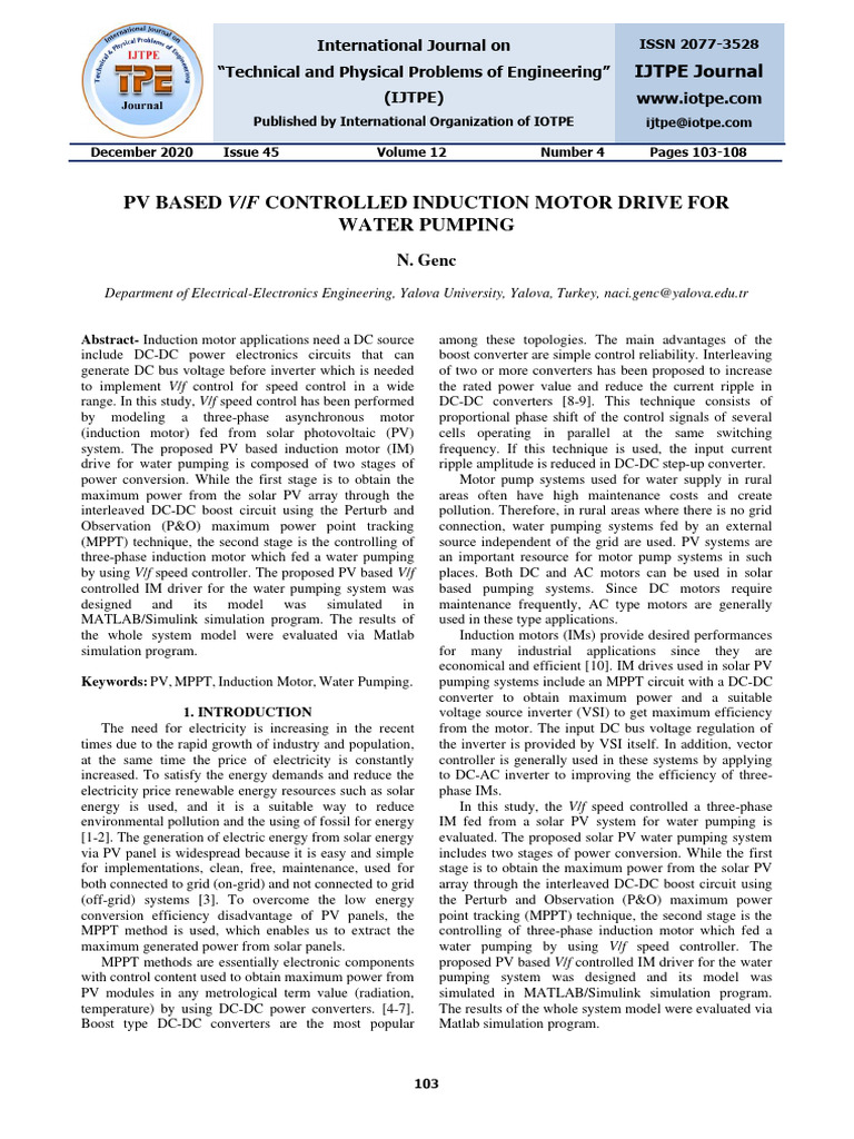 16 IJTPE Issue45 Vol12 No4 Dec2020 pp103 108 | PDF | Photovoltaics | Electric Motor