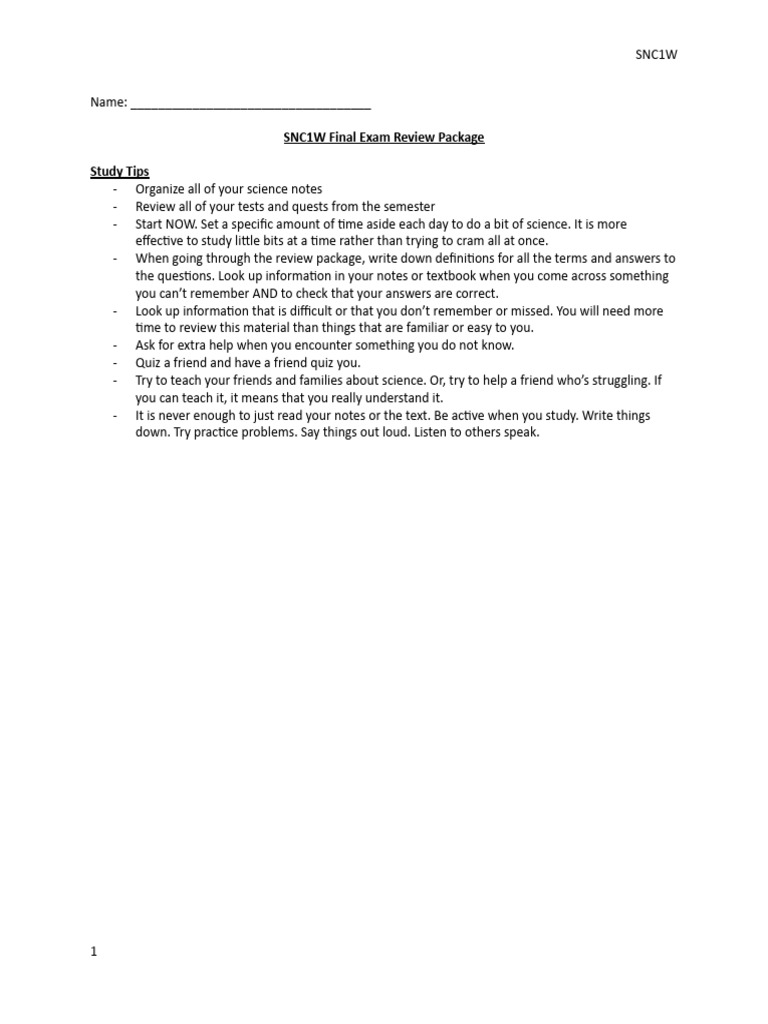 SNC1W Final Exam Review Package 5 | PDF | Chemistry | Series And ...