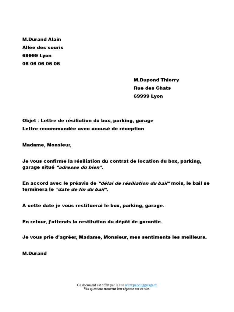 Résiliation de bail garage et parking | PDF | Affaires | Droit
