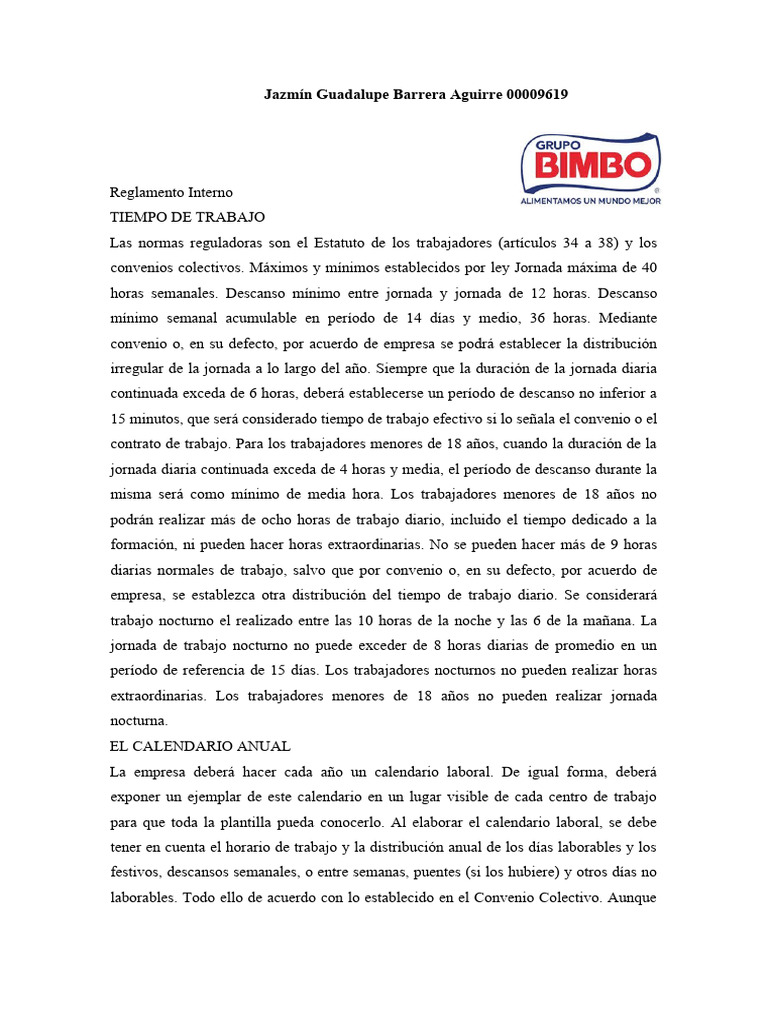 Reglamento Interno y Manual de Inducción Grupo Bimbo | PDF | Tiempo de trabajo | Business