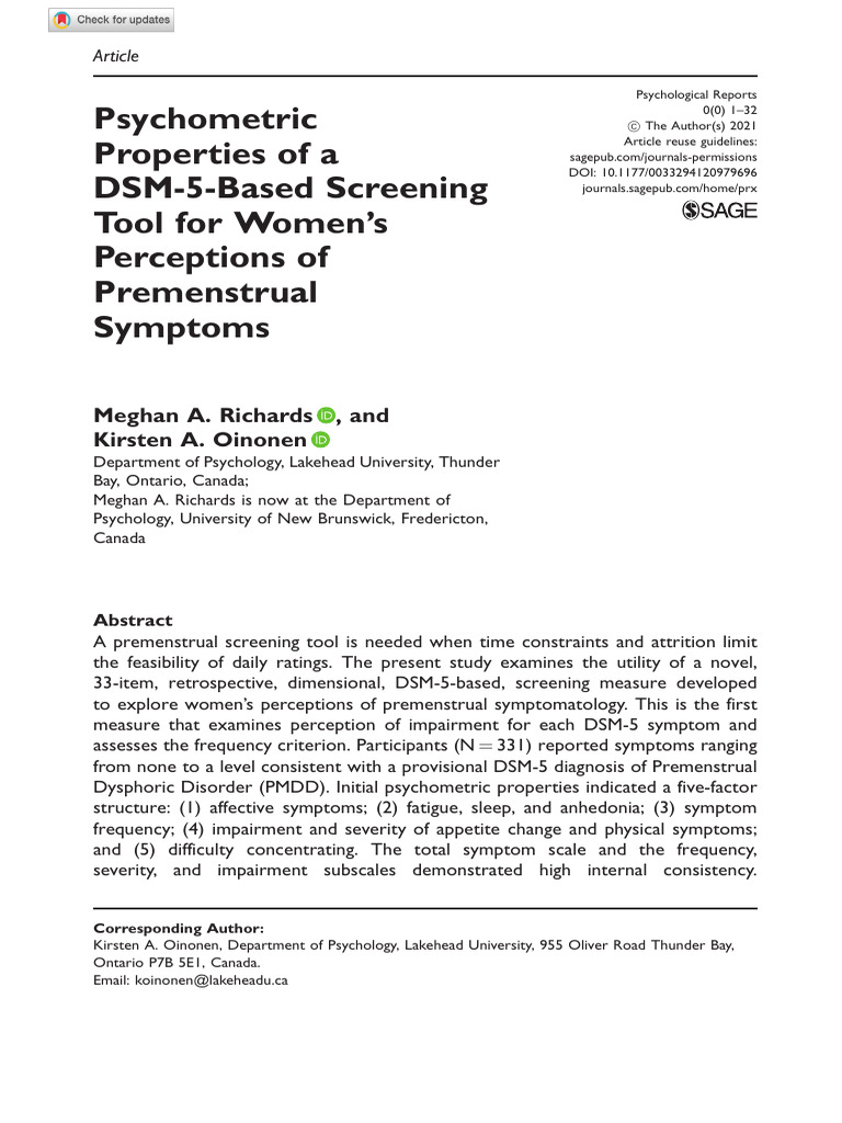 Psychometric Properties of A DSM-5-based Screening Tool For Womens Perceptions of Premenstrual ...