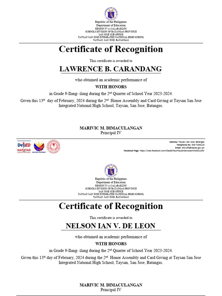 Certificate-Of-Honors Second Grading | PDF