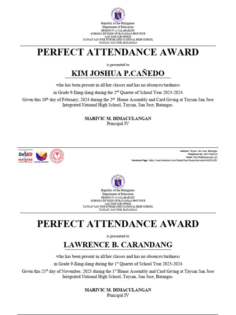 Certificate of Perfect Attendance | PDF | Philippines