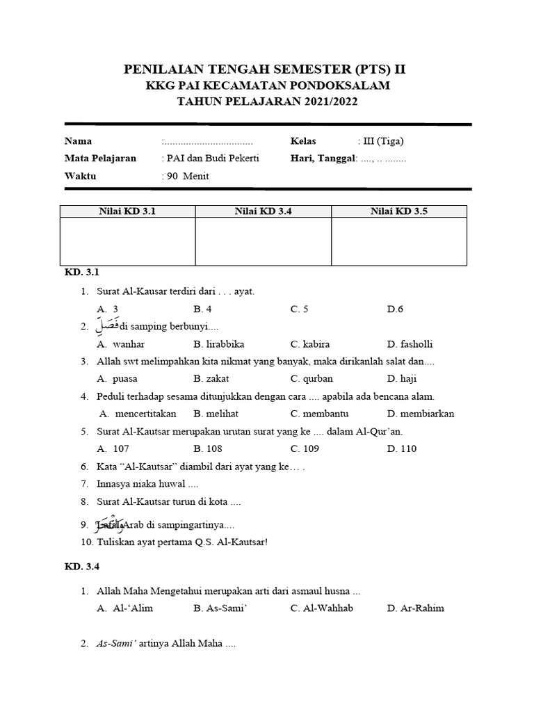 Soal PTS 2 PAI Kelas 3 K13 | PDF | Seni & Disiplin Bahasa | Agama & Spiritualitas