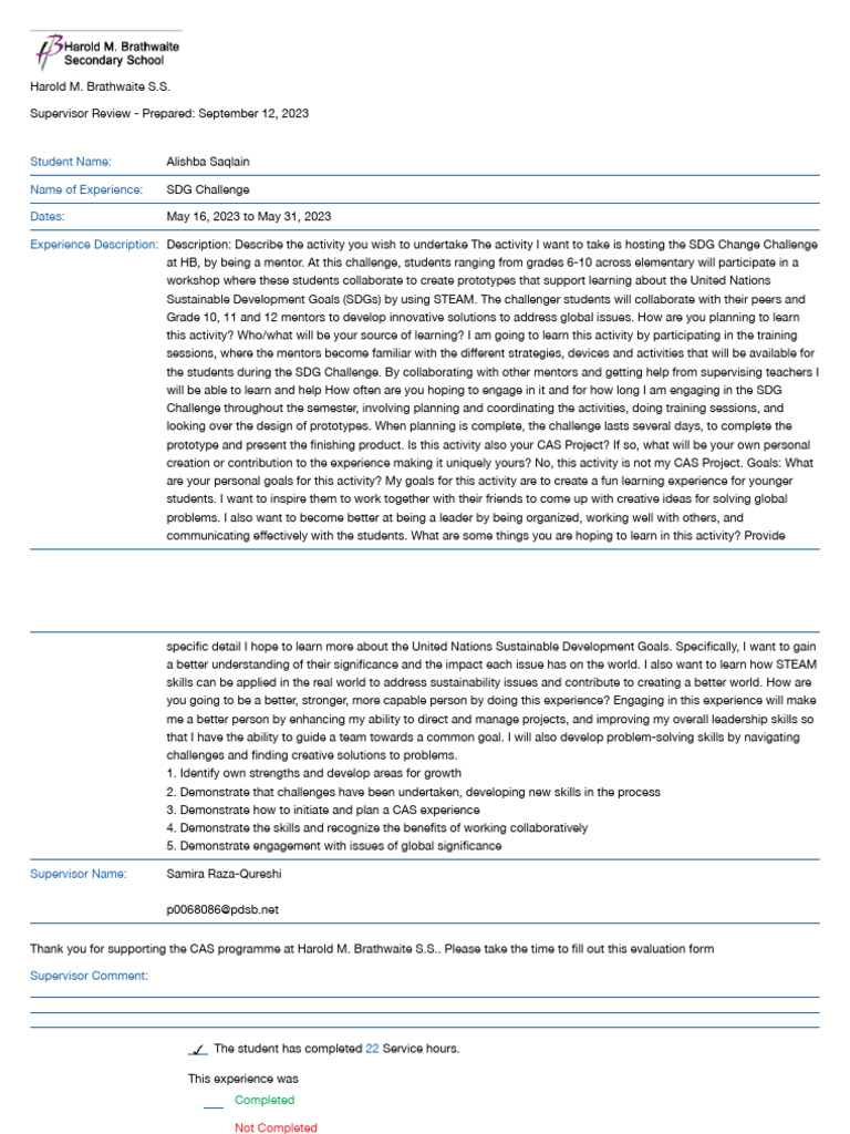 Cas Completion Form Saqlain Alishba Sdg Challenge Pdf Cognitive Science Behavior