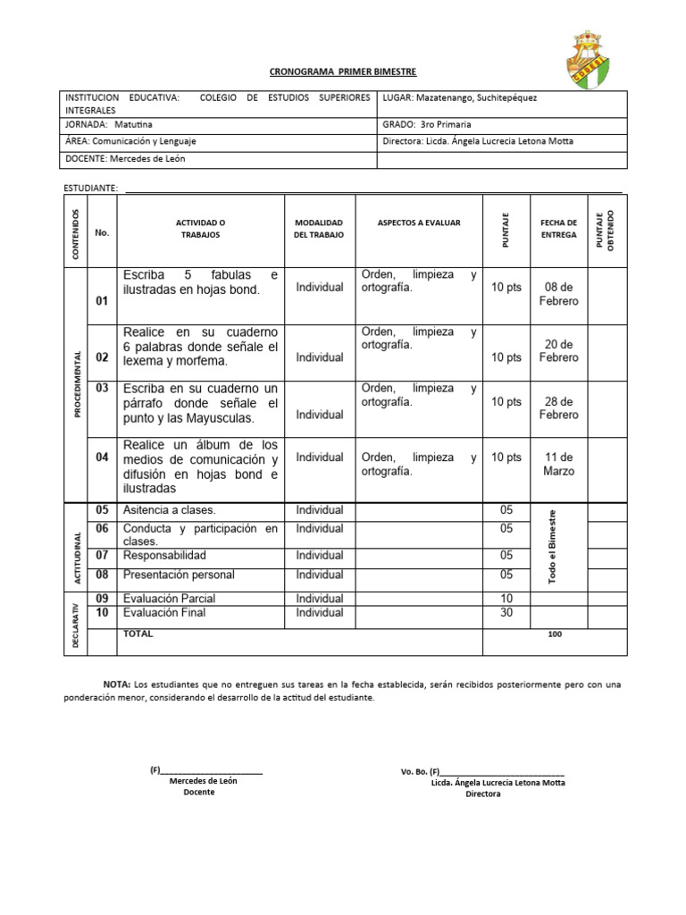 Cronograma I Bimestre 3to Primaria 2024 | PDF