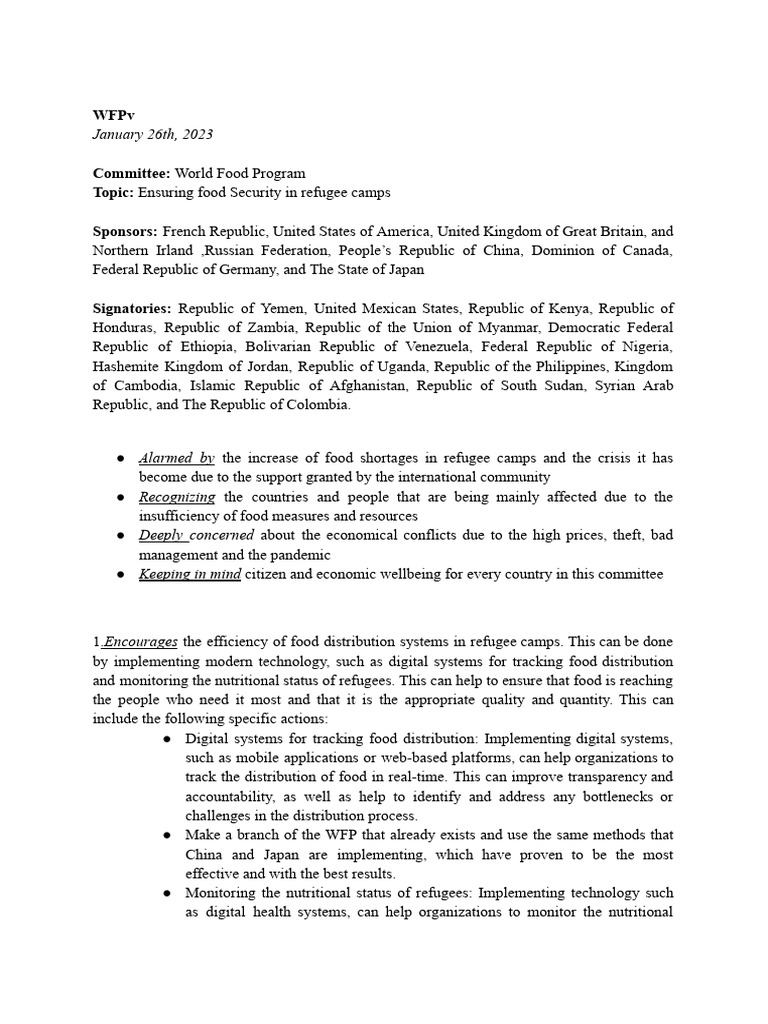 MUN 2023-WFP Resolution Paper | PDF | Food Security | Refugee