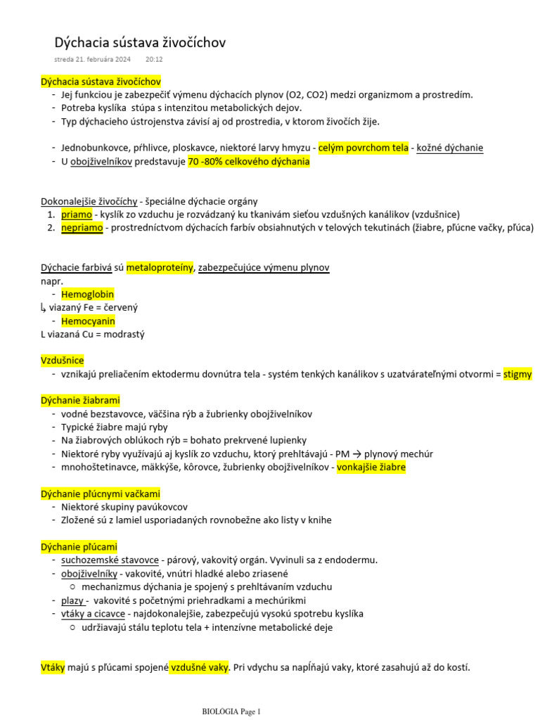 Dychacia Sustava Zivocichov | PDF