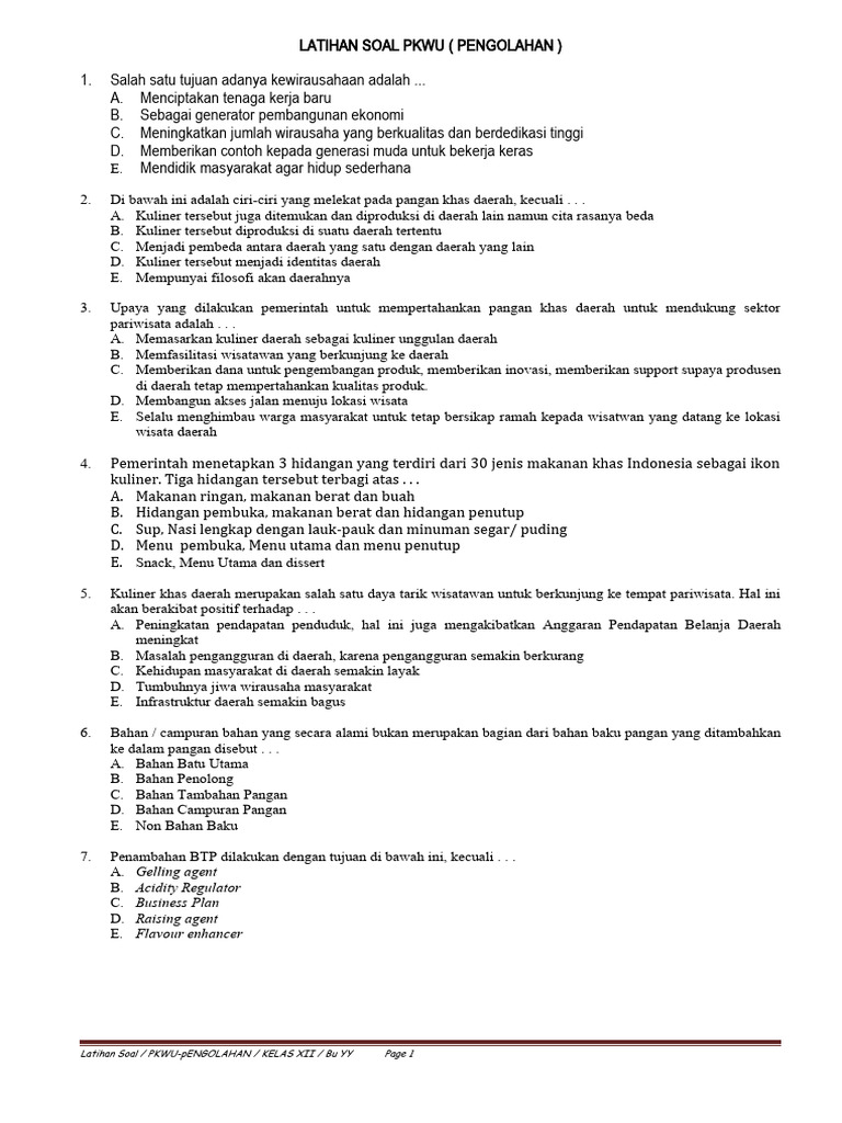 Latihan Soal PKWU Pengolahan Utk Siswa | PDF