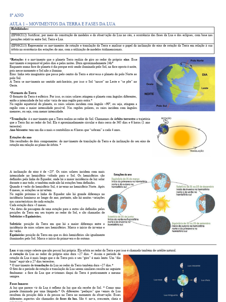 Aula 1 - Movimentos Da Terra e Fases Da Lua | PDF | Terra | Lua