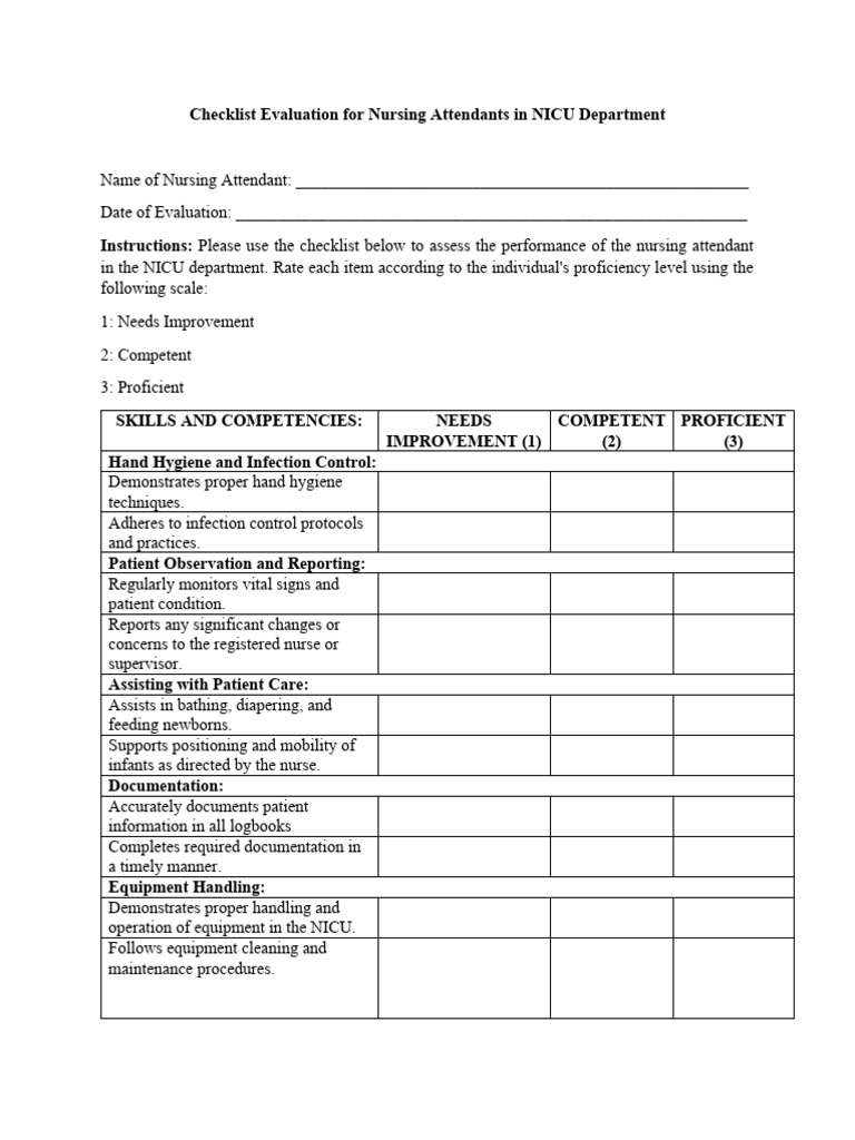 Checklist Evaluation For Nursing Attendants in NICU Department ...