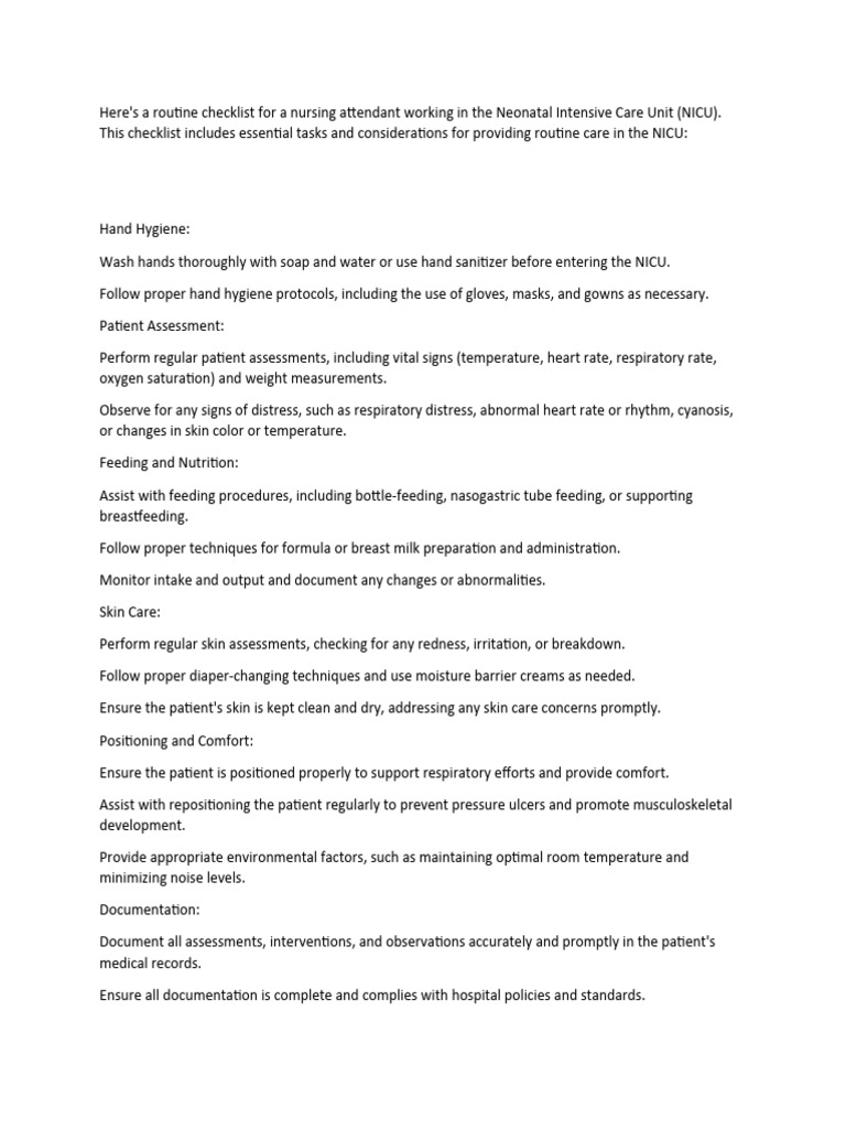 NICU Nursing Routine Checklist | PDF | Neonatal Intensive Care Unit ...
