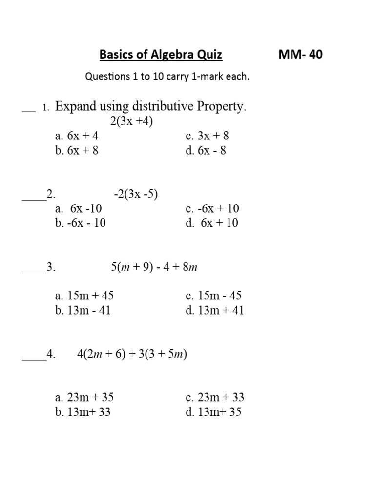 Basics of Algebra-Quiz | PDF | Polynomial | Abstract Algebra Basics of Algebra-Quiz | PDF | Polynomial | Abstract Algebra
