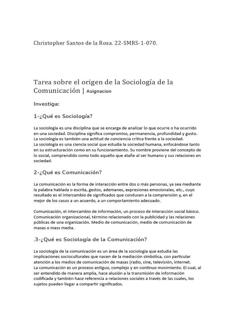 Sobre El Origen de La Sociología de La Comunicación: Tarea | PDF | Sociología | Comunicación