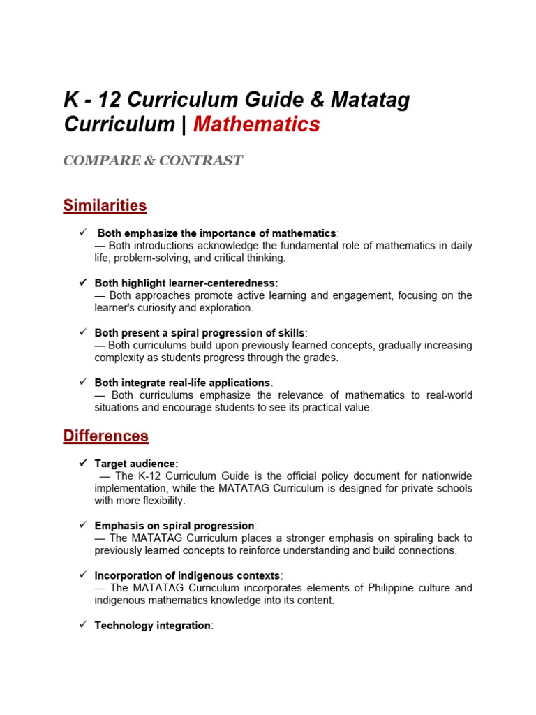 K - 12 Curriculum Guide & Matatag Curriculum - Mathematics - Compare & Contrast | PDF ...