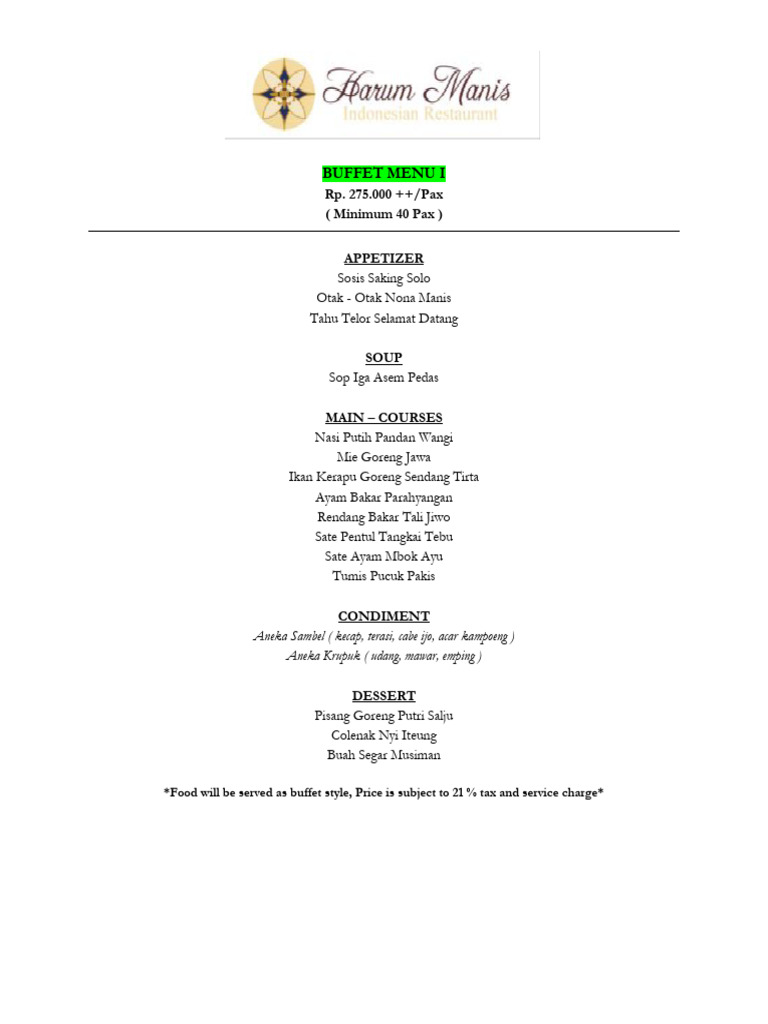 Indonesian Buffet Menu Options | PDF | Food And Drink | Convenience Food