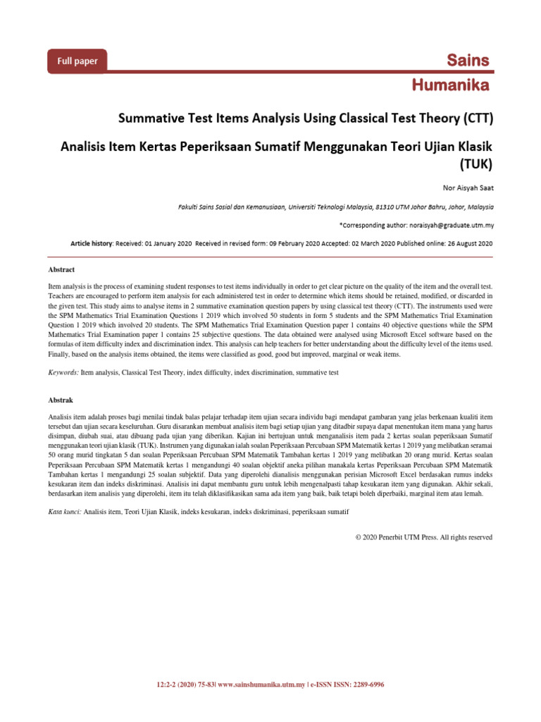 Summative Test Item Analysis CTT | PDF | Evaluation Methods | Methodology